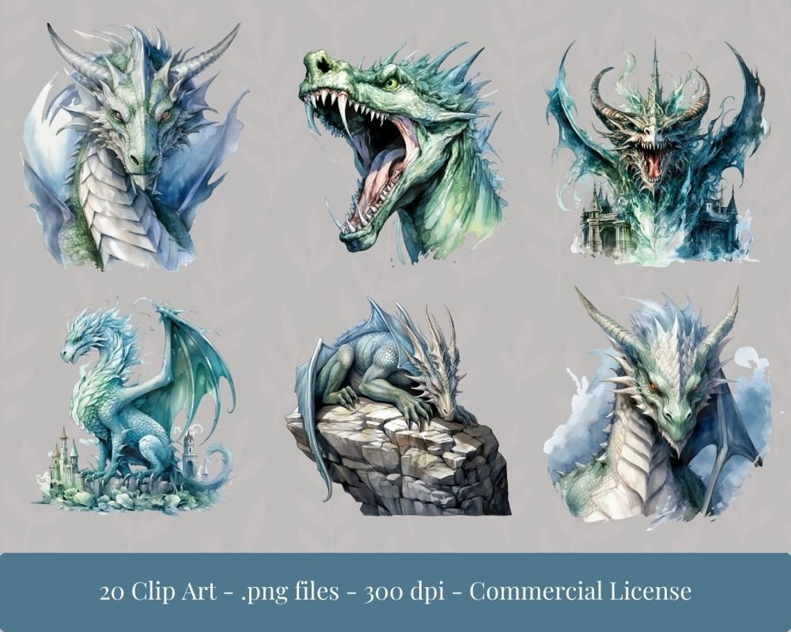 20 Water Blue Dragon Clip Art Fantasy Clipart Watercolor - Etsy