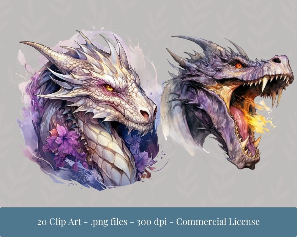 20 Watercolor Purple Dragon Clip Art, Fantasy Clipart, Watercolor ...