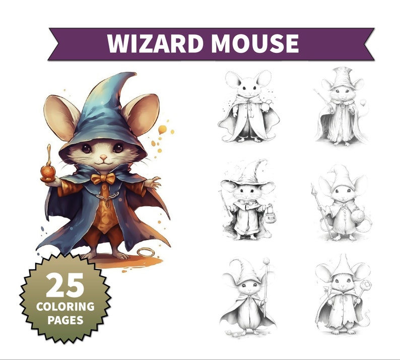 25 Wizard Medieval Mouse Coloring Book, Coloring Page Animal, Cute ...