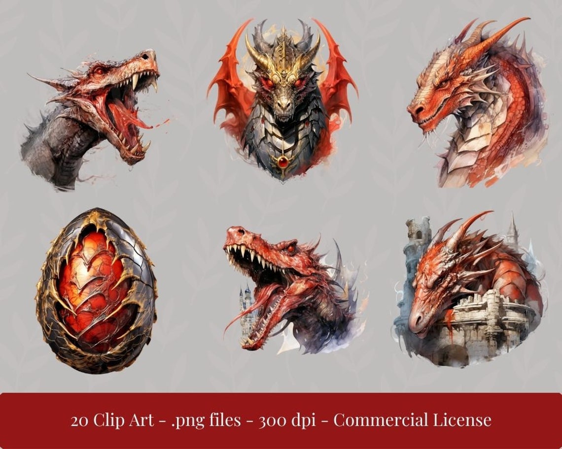 20 Watercolor Red Dragon Clip Art Fantasy Clipart Watercolor - Etsy