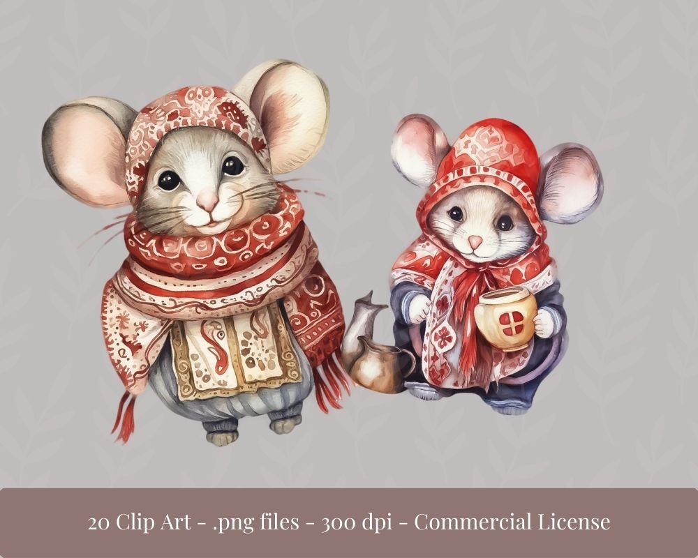 20 Christmas Mouse Clipart, Watercolor Mice Clipart, Cute Animals ...