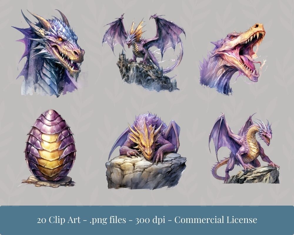 20 Watercolor Purple Dragon Clip Art, Fantasy Clipart, Watercolor ...