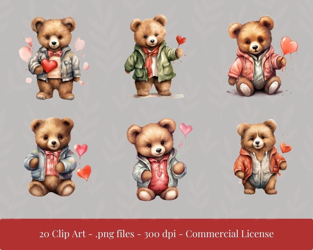 20 Valentines Bears Watercolor Clipart, Cute Teddy Bears Clipart ...