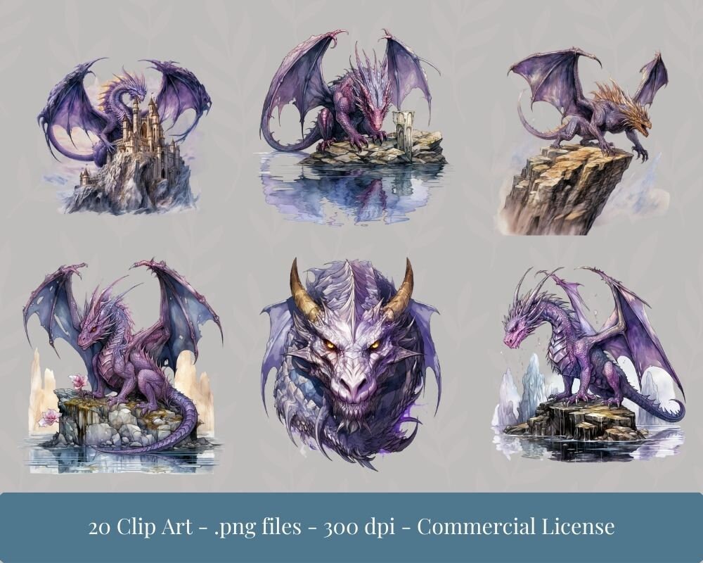 20 Watercolor Purple Dragon Clip Art, Fantasy Clipart, Watercolor ...