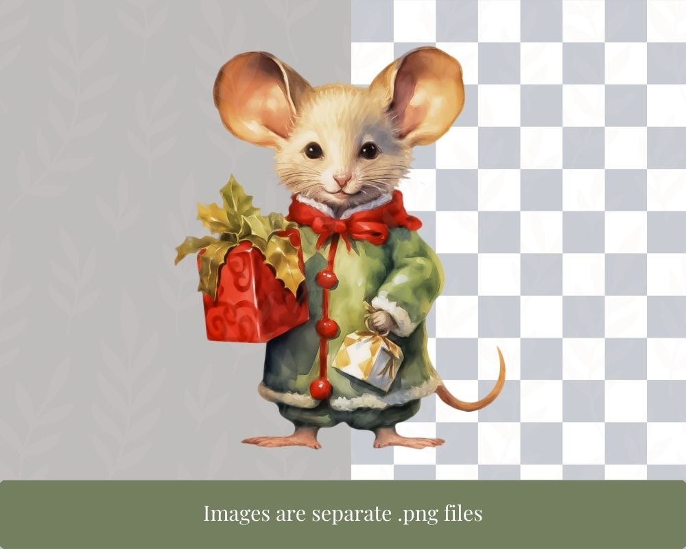 20 Christmas Mouse Clipart, Watercolor Mice Clipart, Cute Animals ...