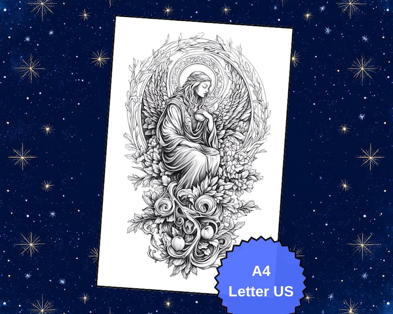 Medieval Angel Coloring Page for Adults, Gothic Angel With Celestial ...