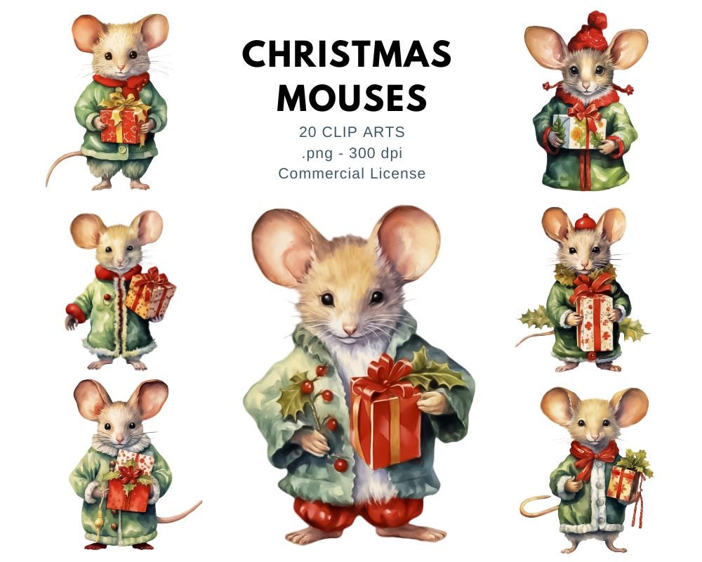 20 Christmas Mouse Clipart, Watercolor Mice Clipart, Cute Animals ...