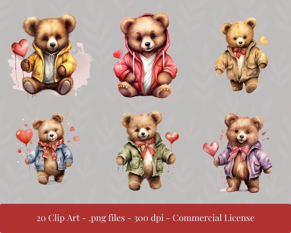 20 Valentines Bears Watercolor Clipart, Cute Teddy Bears Clipart ...