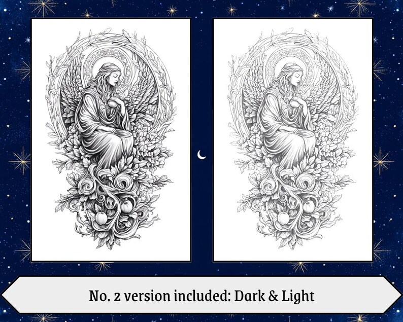 Medieval Angel Coloring Page for Adults, Gothic Angel With Celestial ...