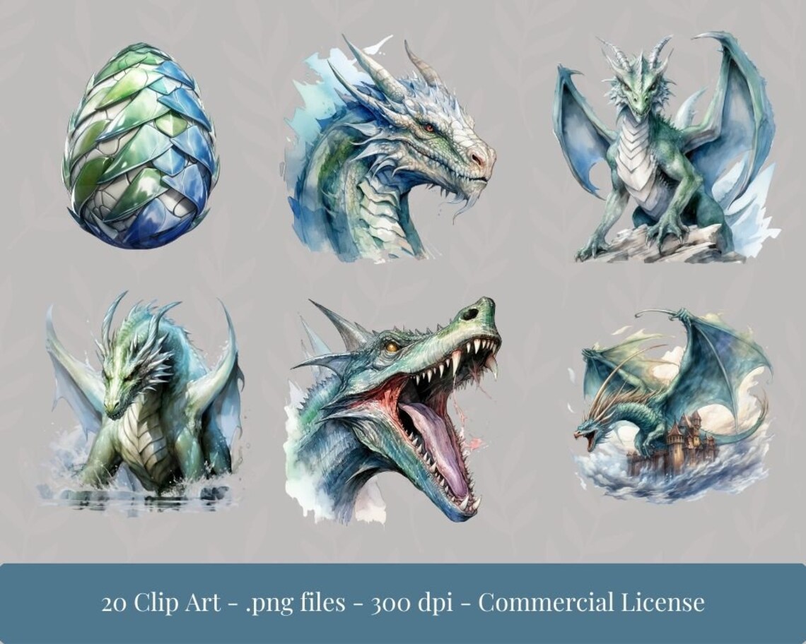 20 Water Blue Dragon Clip Art Fantasy Clipart Watercolor - Etsy