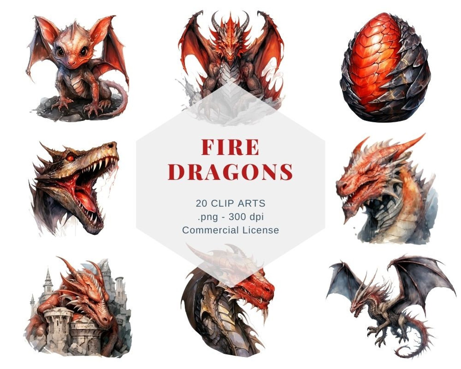20 Watercolor Red Dragon Clip Art, Fantasy Clipart, Watercolor Dragon ...