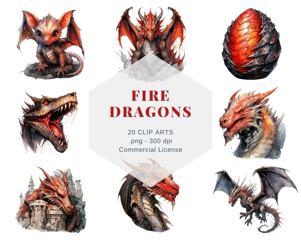20 Watercolor Red Dragon Clip Art, Fantasy Clipart, Watercolor Dragon ...