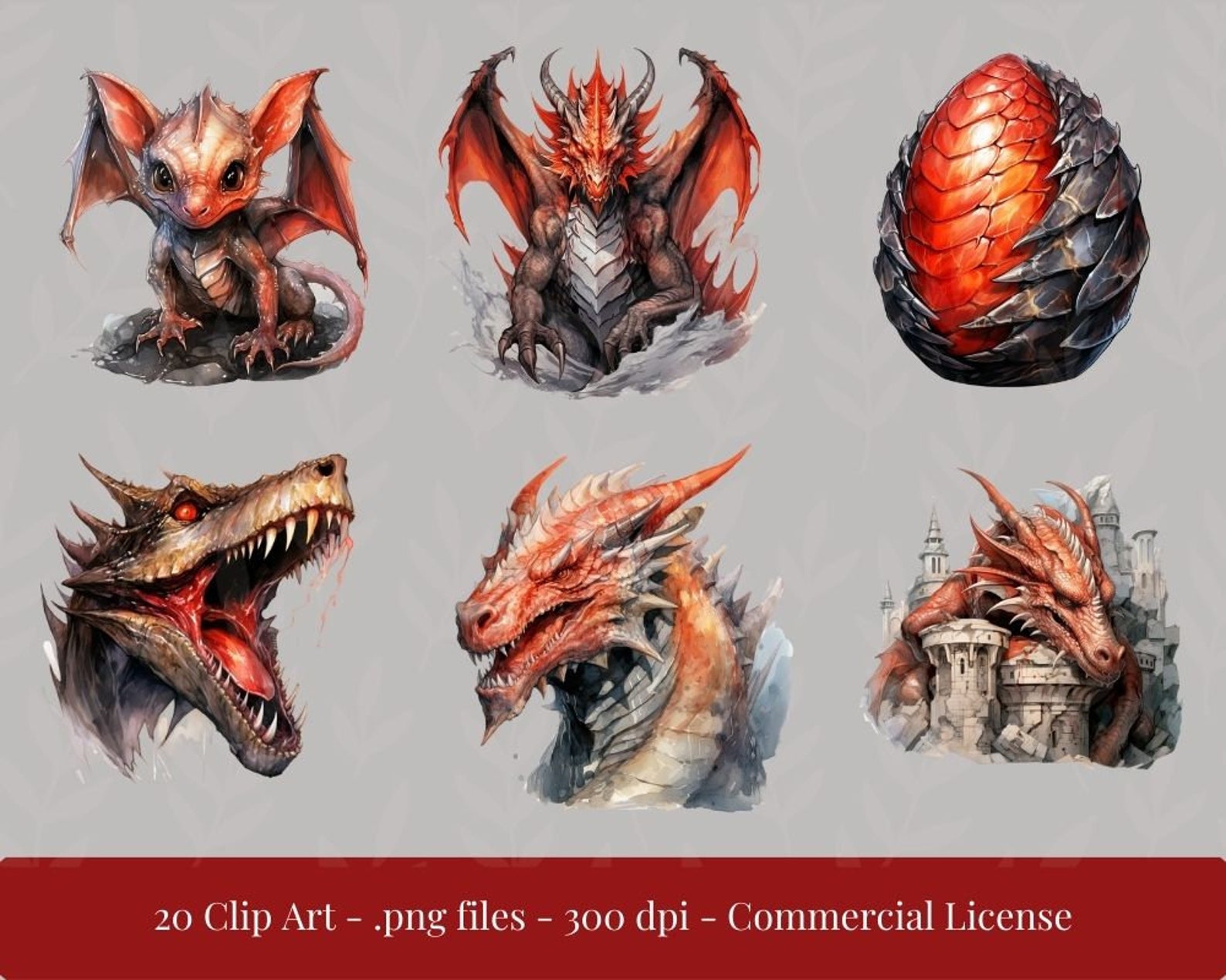 20 Watercolor Red Dragon Clip Art Fantasy Clipart Watercolor - Etsy