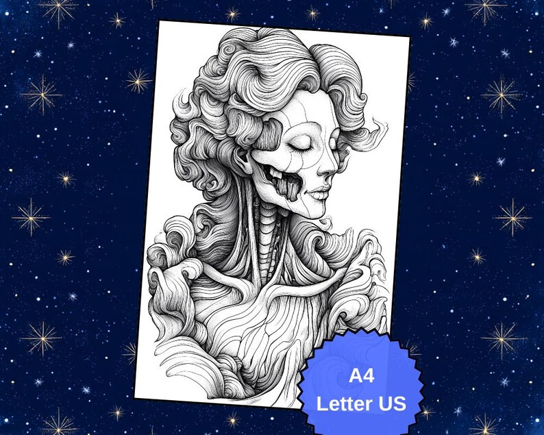Horror Coloring Page for Adults, Half Skeleton Woman Gothic Face, Dark ...