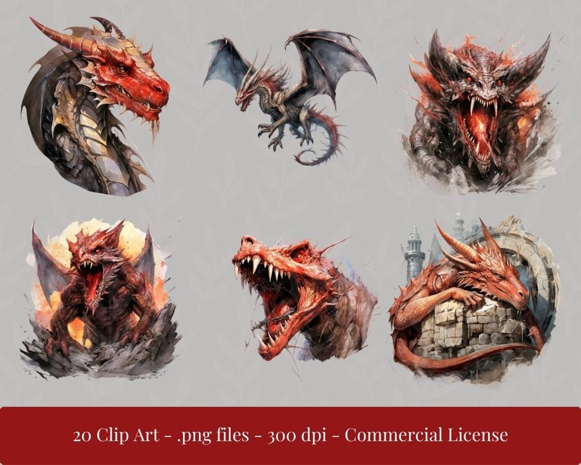 20 Watercolor Red Dragon Clip Art Fantasy Clipart Watercolor - Etsy