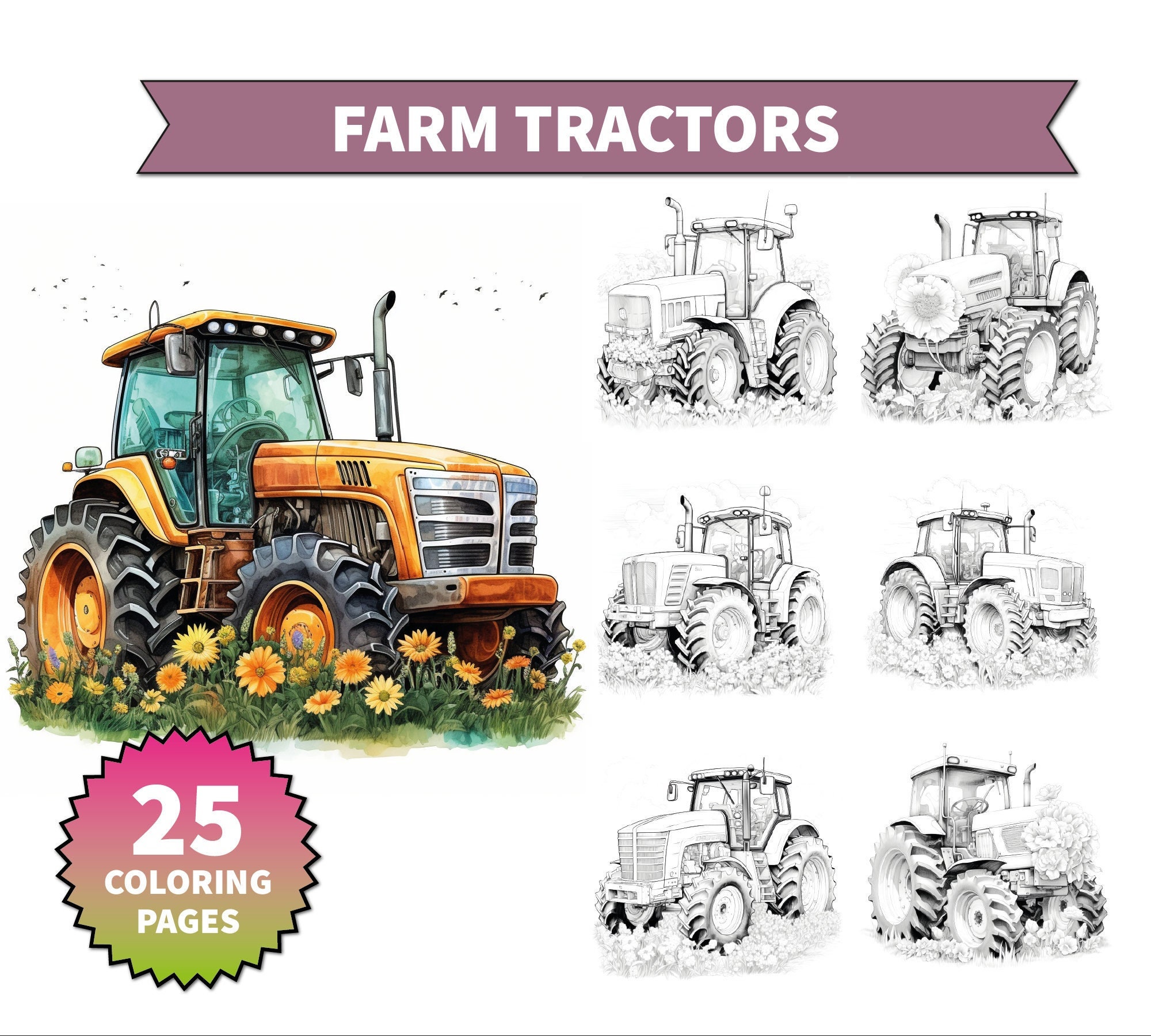 25 Floral Farm Tractors Coloring Pages, Flowers Line Art, Floral Decor ...