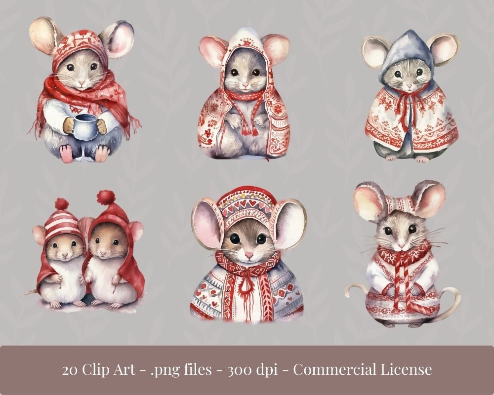 20 Christmas Mouse Clipart, Watercolor Mice Clipart, Cute Animals ...