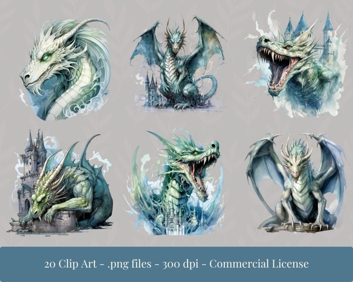 20 Water Blue Dragon Clip Art Fantasy Clipart Watercolor - Etsy