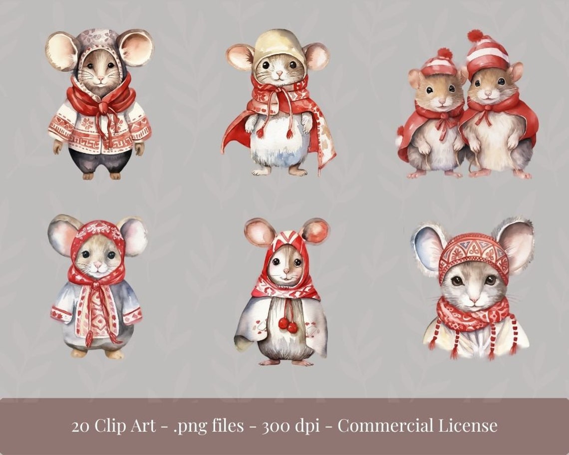 20 Christmas Mouse Clipart, Watercolor Mice Clipart, Cute Animals ...