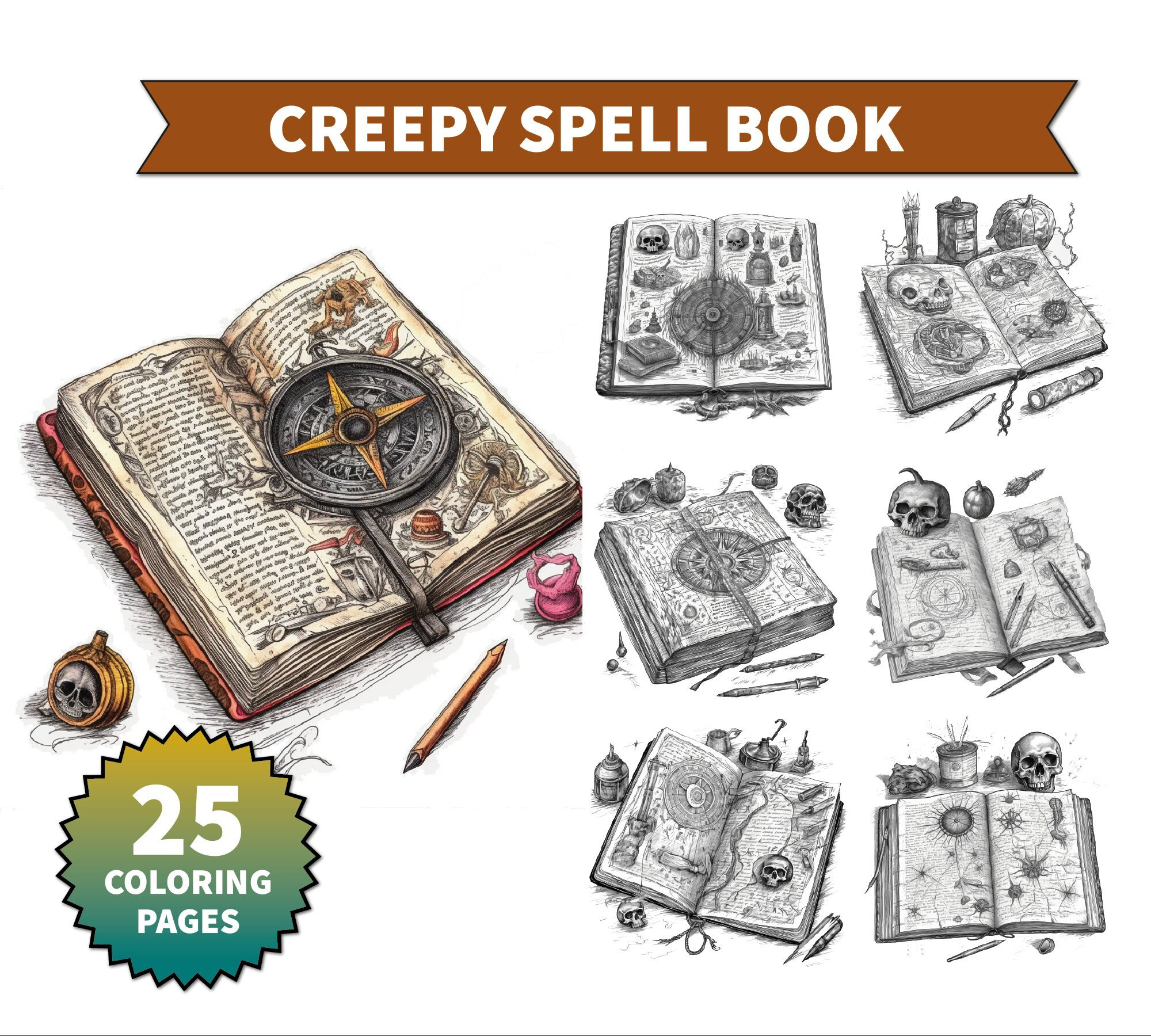 25 Creepy Halloween Spellbook, Coloring Page for Adults, Instant ...