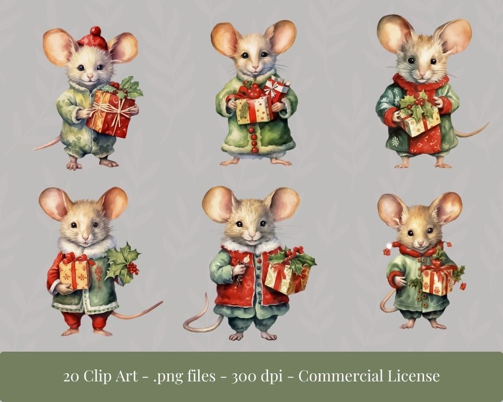 20 Christmas Mouse Clipart, Watercolor Mice Clipart, Cute Animals ...