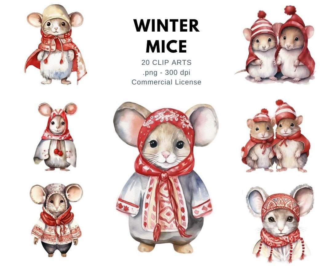 20 Christmas Mouse Clipart, Watercolor Mice Clipart, Cute Animals ...