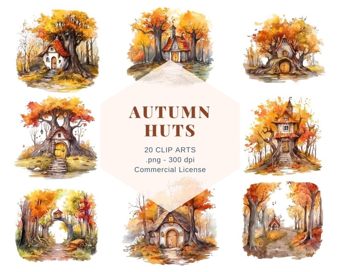 20 Watercolor Autumn Clip Art, Autumn Hut Clip Art, Watercolor Forest ...
