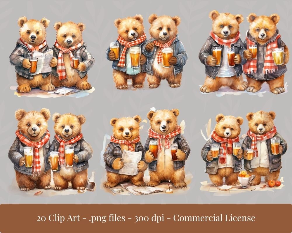 20 Bears Watercolor Clipart, Cute Teddy Bears Clipart, Best Friends ...