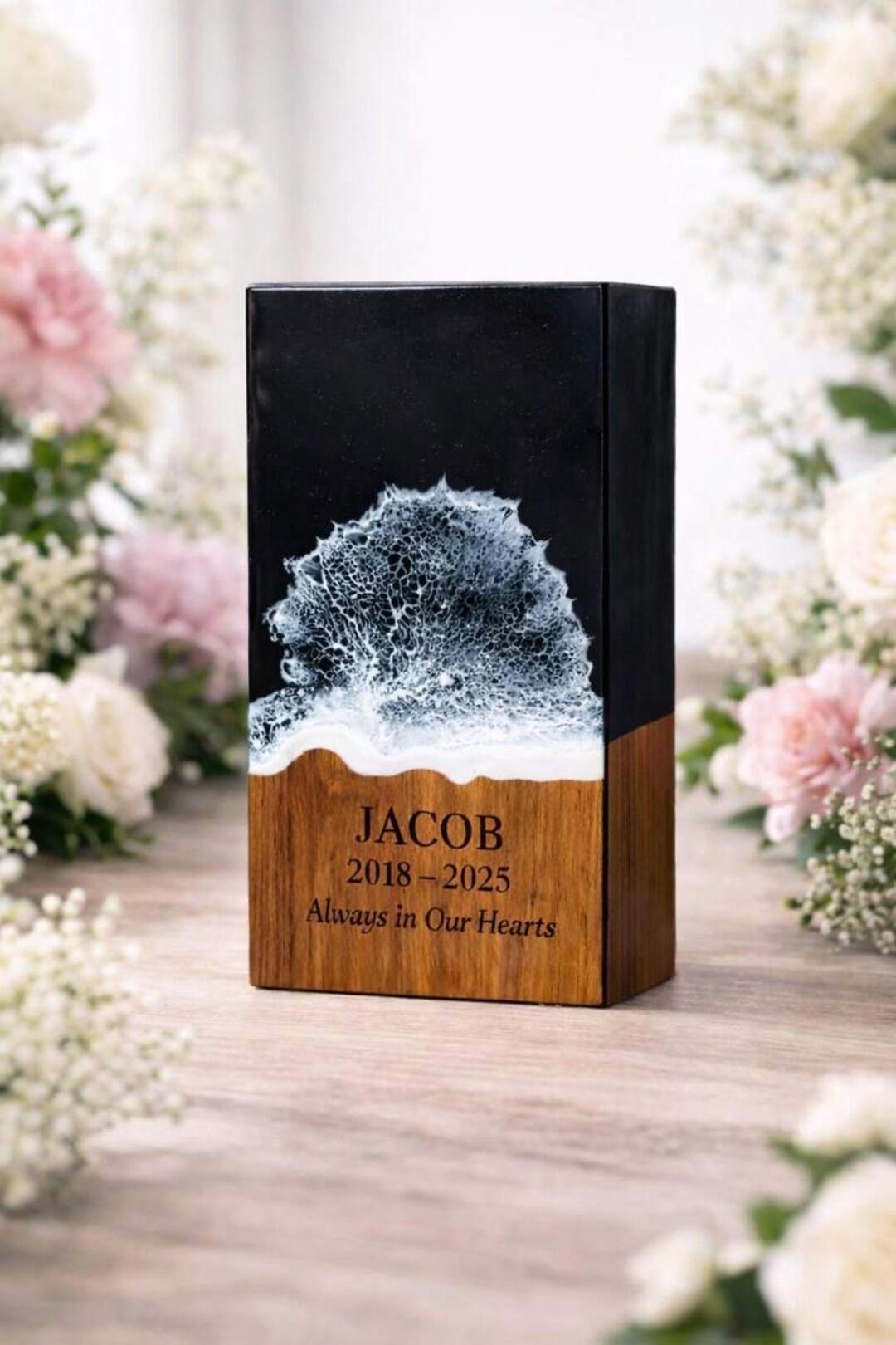 Urn Box, Rosewood & Black Resin Ocean Wave | Urns for Human Ashes ...