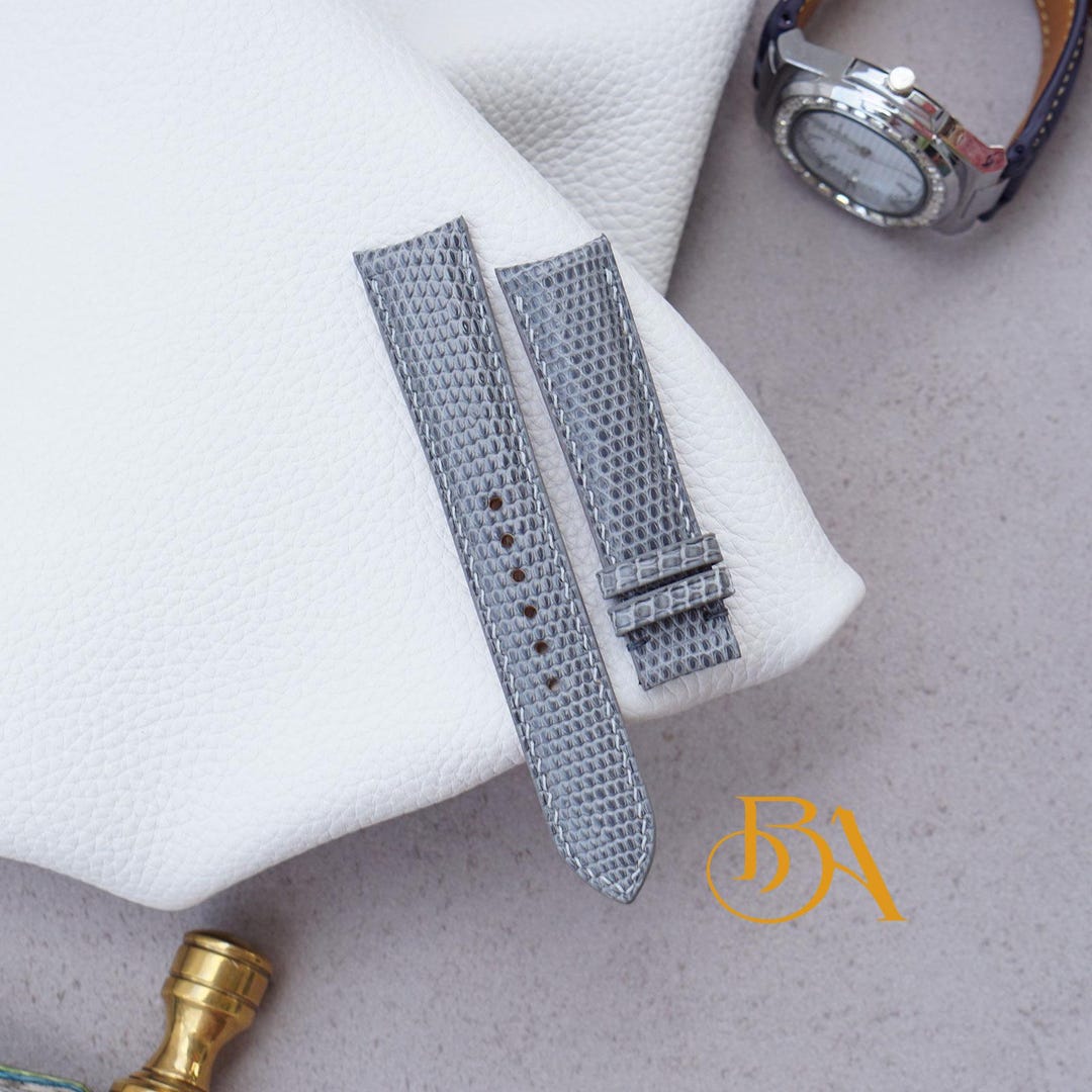 Curved Ends Lizard Watch Band. Grey Genuine Leather Watch Strap Curved ...