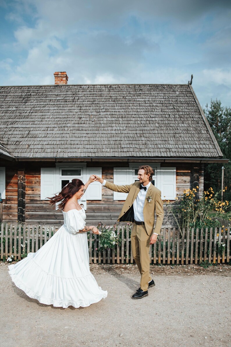 Customizable Off-shoulder Boho Wedding Dress, Handmade Bridal Gown ...