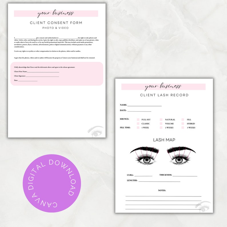 Lash Client Consent Forms, Digital Download, Client Lash Map, Liability Waivers, Esthetics ...