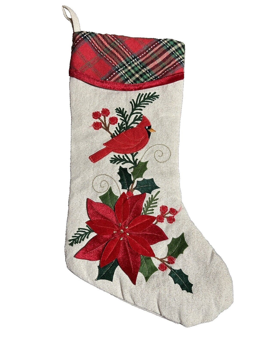 Christmas Stocking Lined Cardinal Poinsettia Holly Gold Accents Plaid ...