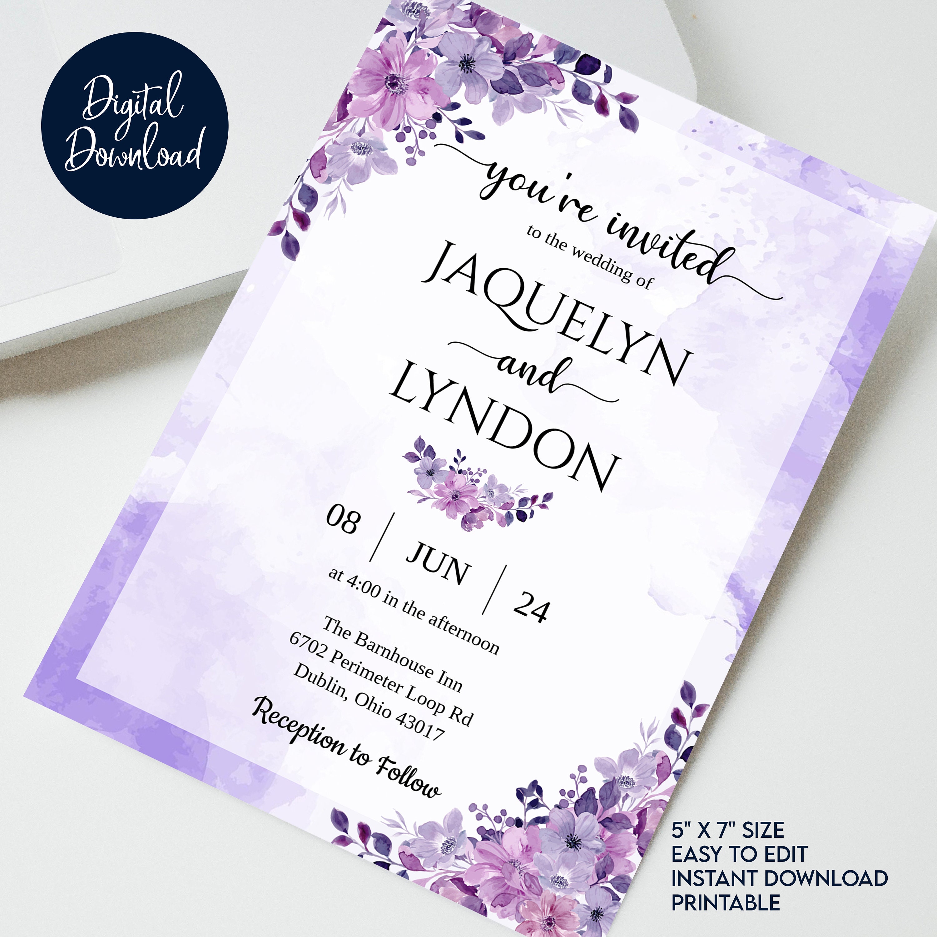 Lavender Colors Wedding Invitation With Watercolor Flowers Editable ...