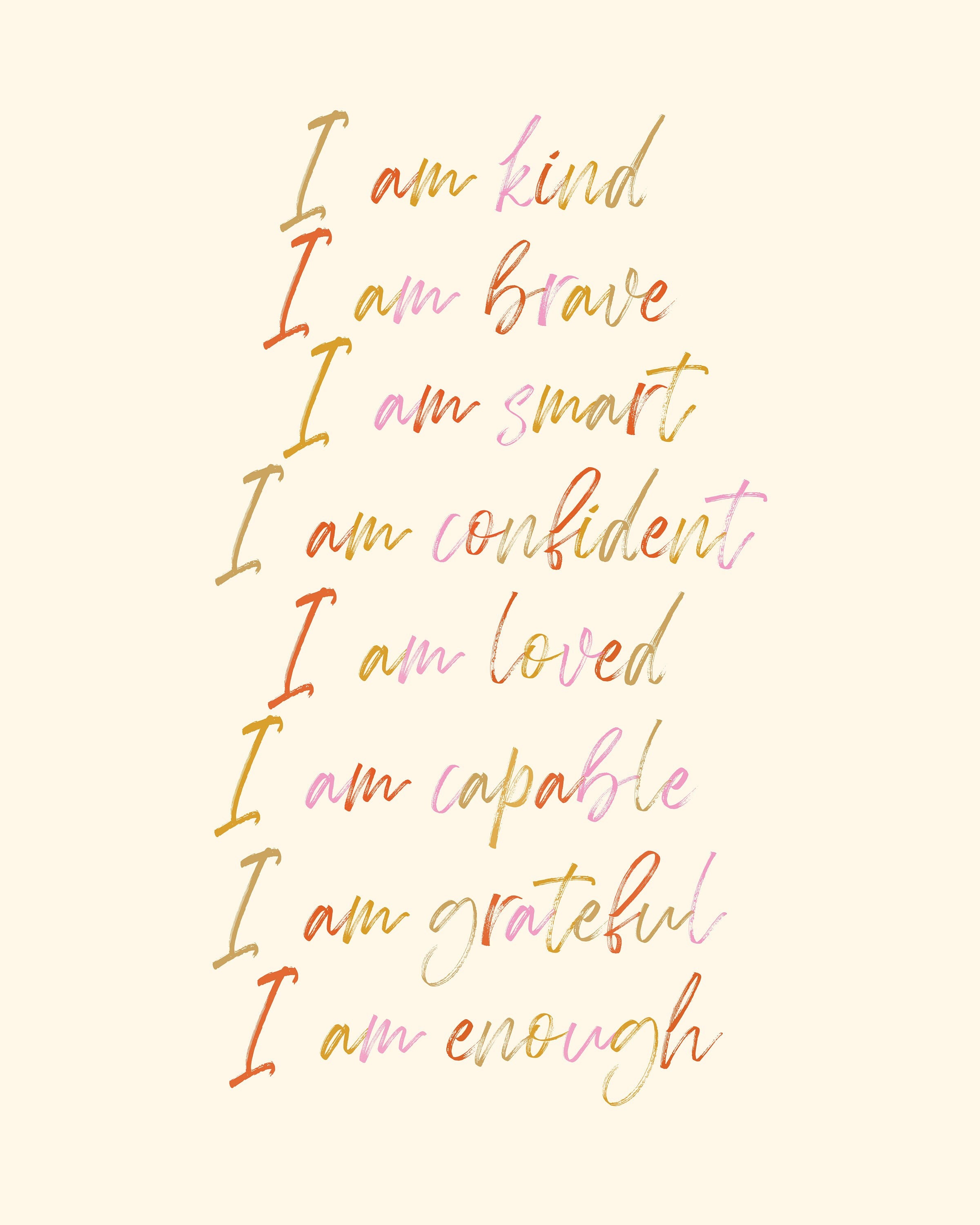 Motivational Quotes Wall Art I Am Kind Brave Confident Loved Poster ...