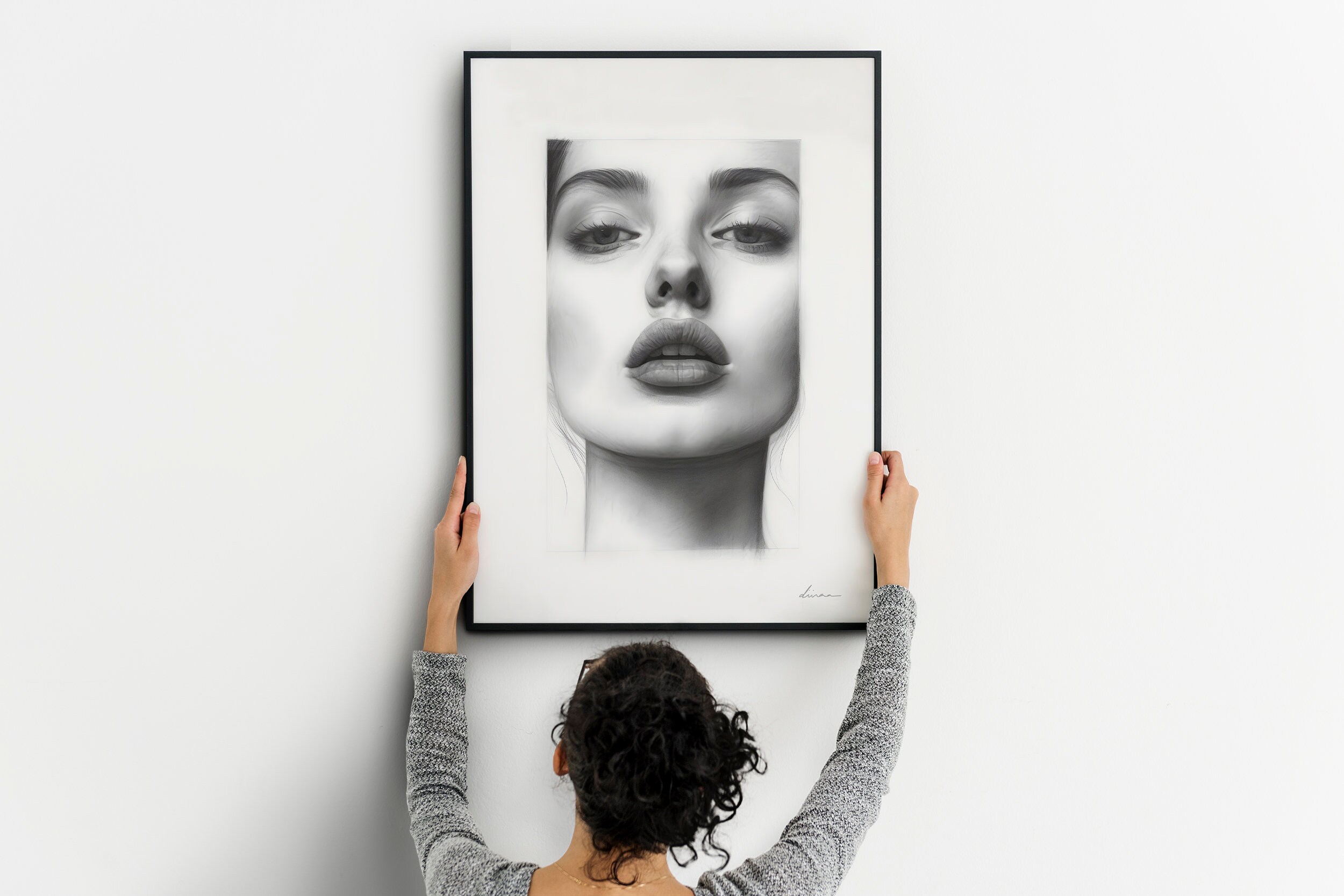 Black and White WOMAN FACE PORTRAIT in Charcoal Style Minimalist Simple ...