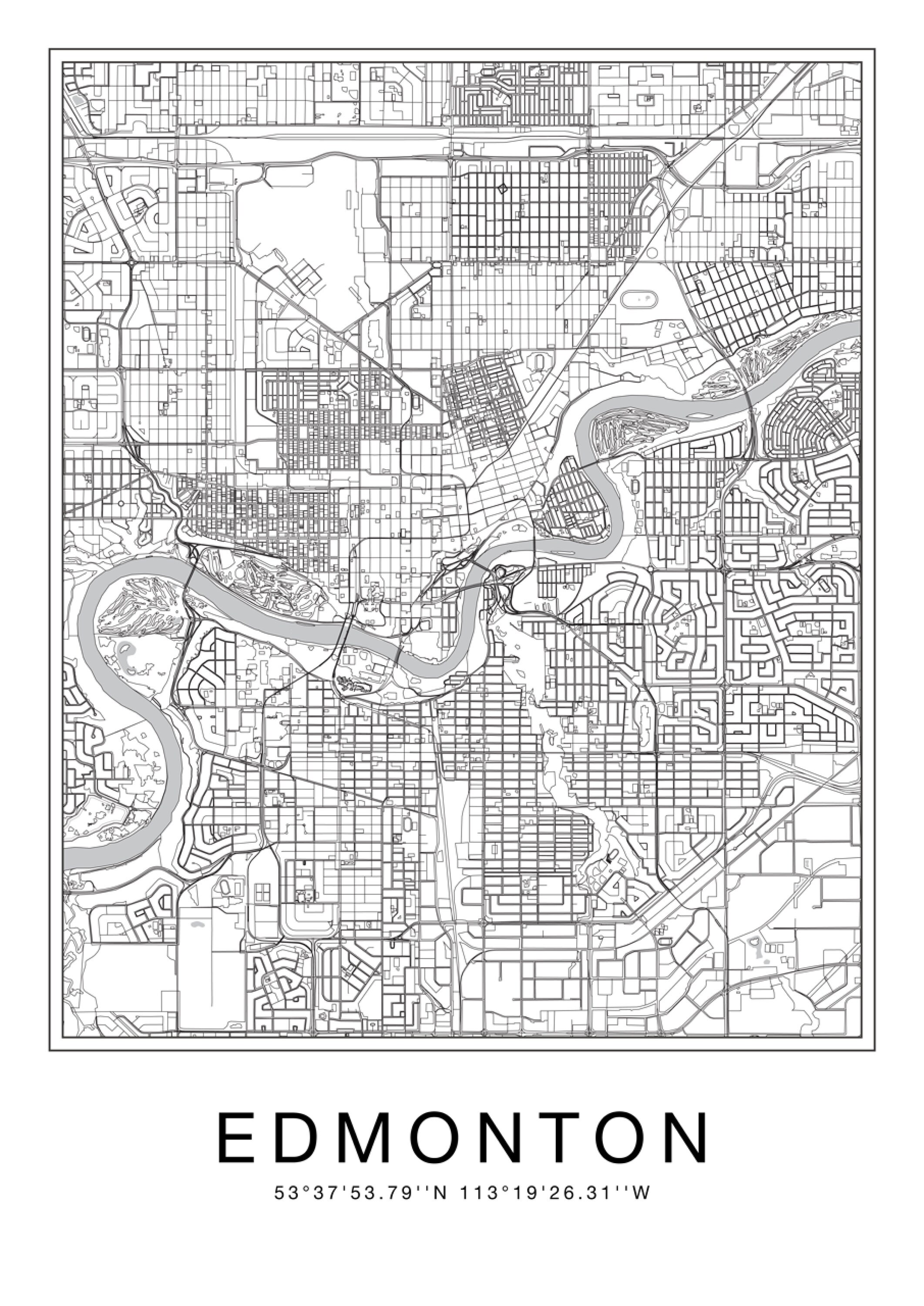 Edmonton AB, Canada City Map Printable Black and White Minimalist ...