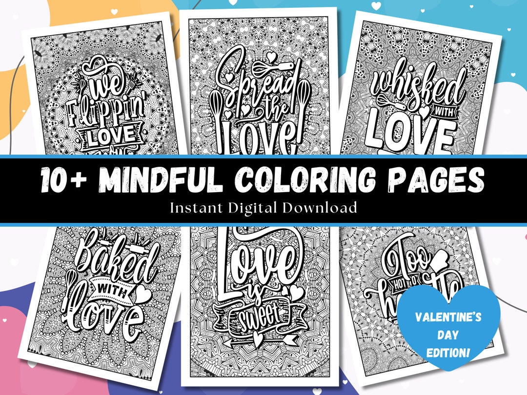 10 Mindful Coloring Pages, Valentine's Day Printable, Relaxing Games ...