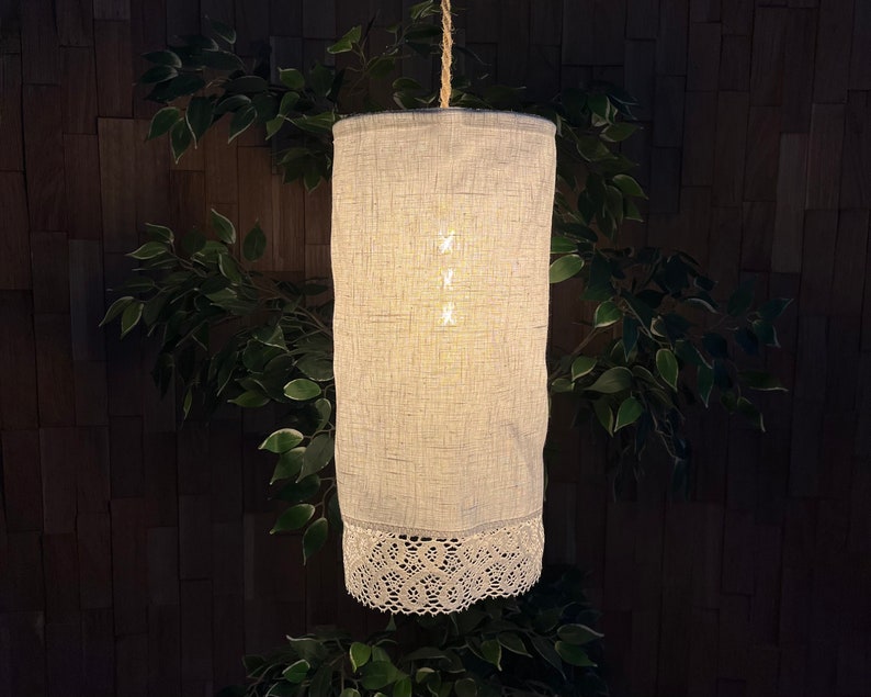 Lace Lamp Shade SOFIA, Linen Fabric Ceiling Light, Long Narrow Lantern ...