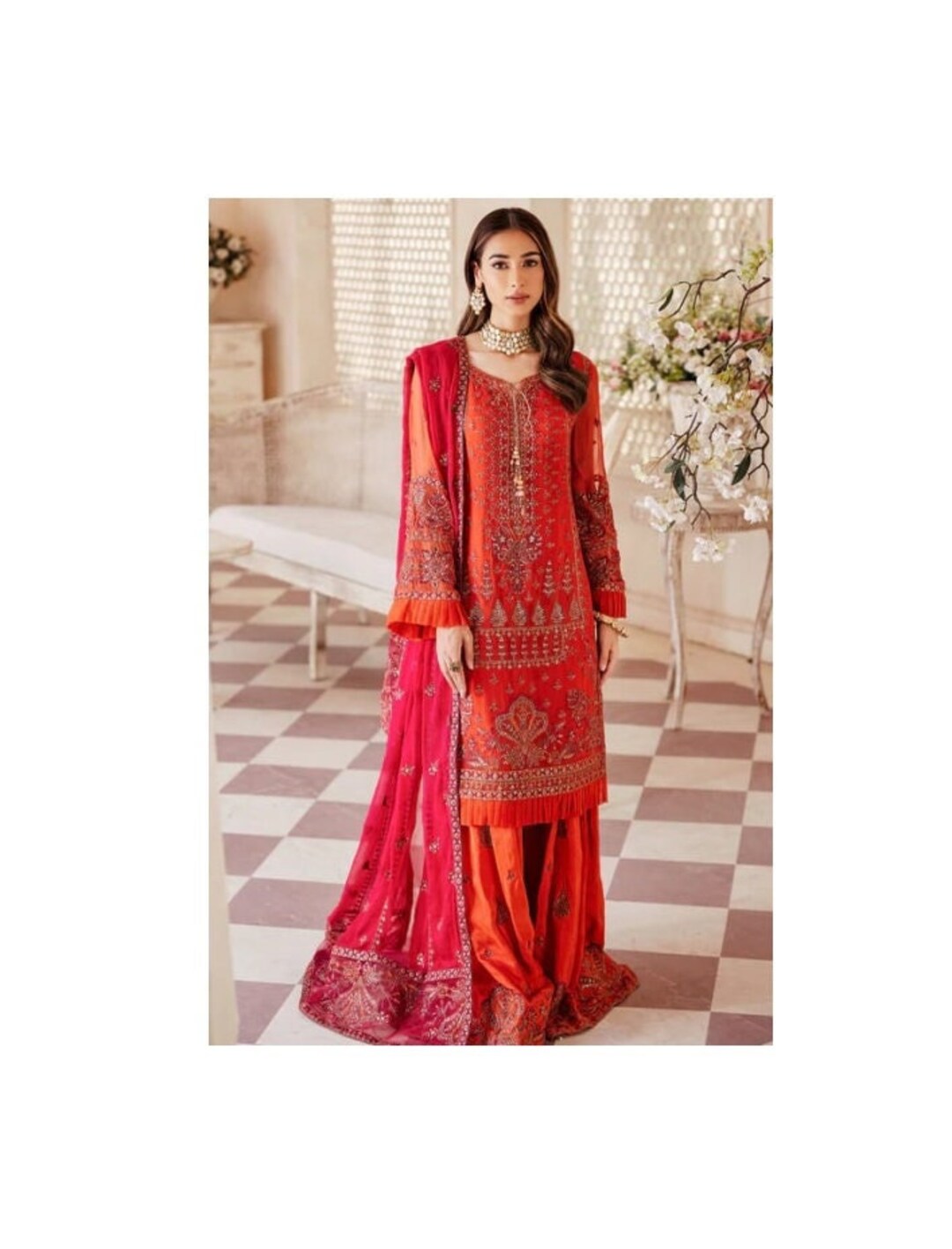 Pakistani Designer Thread Embroidery Work Kurta Plazo With Embroidered ...