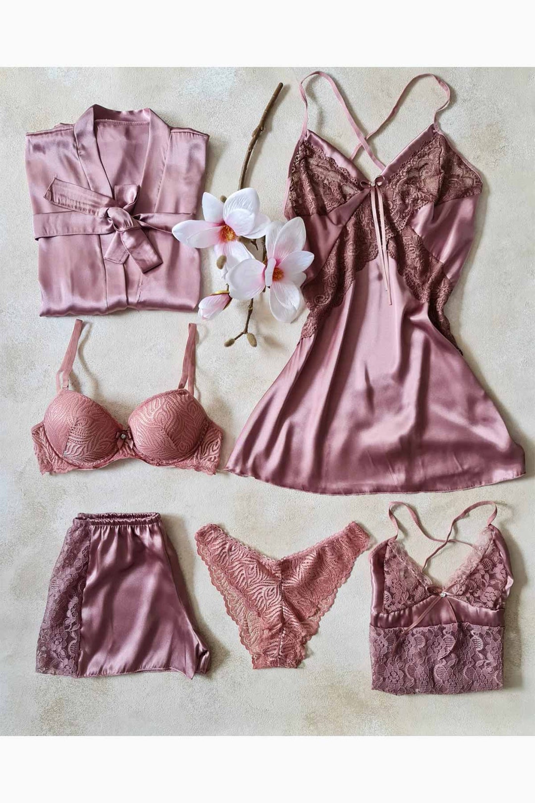 Satin Pink Nightgown 6 Pieces Set High Quality Satin Peignoir - Etsy