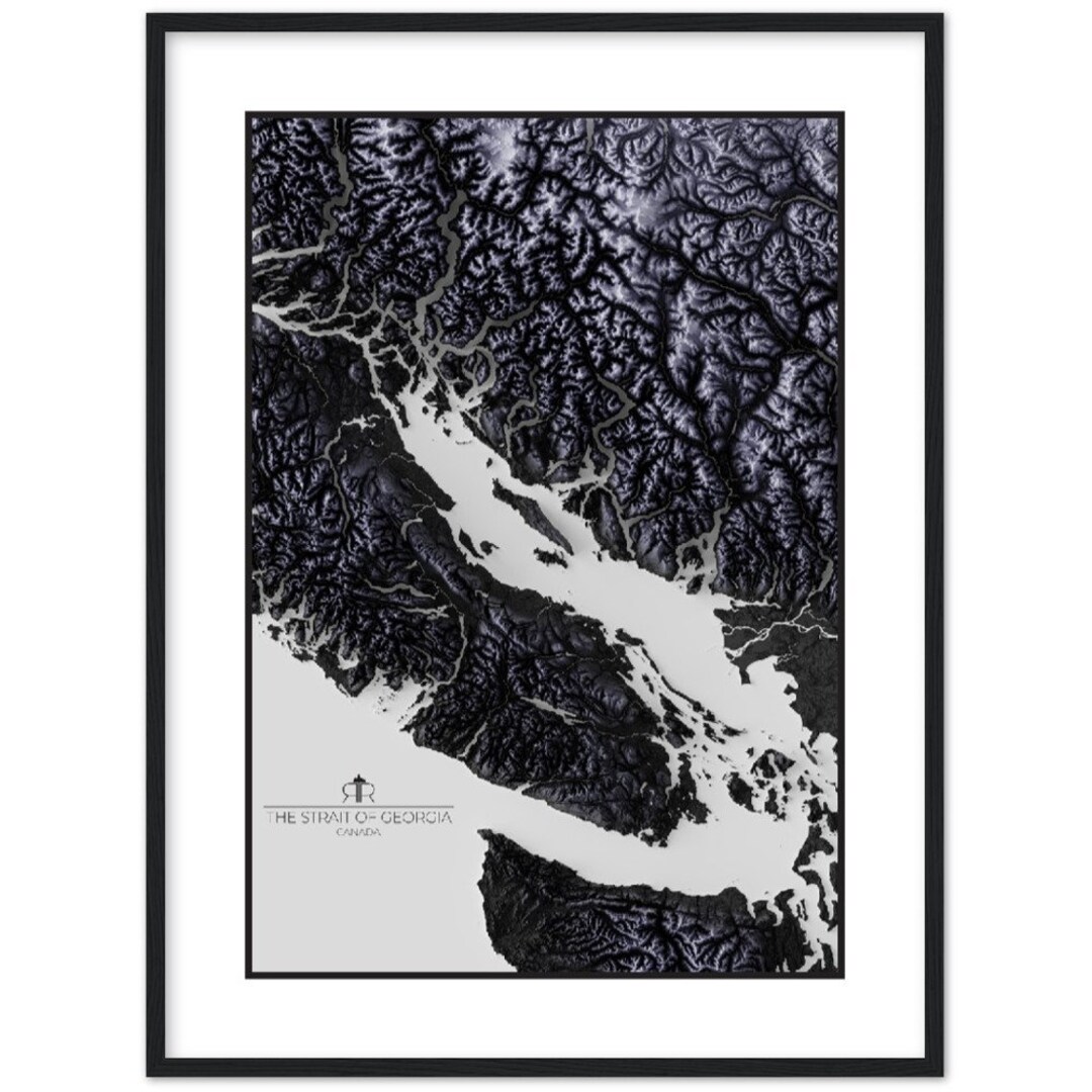 Framed Shaded Relief Map of the Strait of Georgia Grey - Etsy