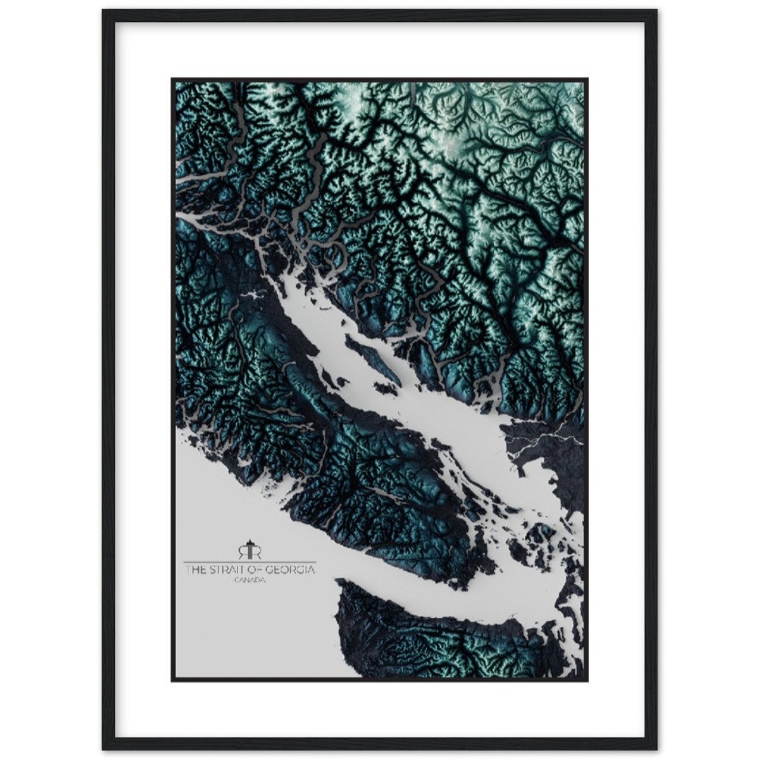 Framed Shaded Relief Map of the Strait of Georgia Blue - Etsy