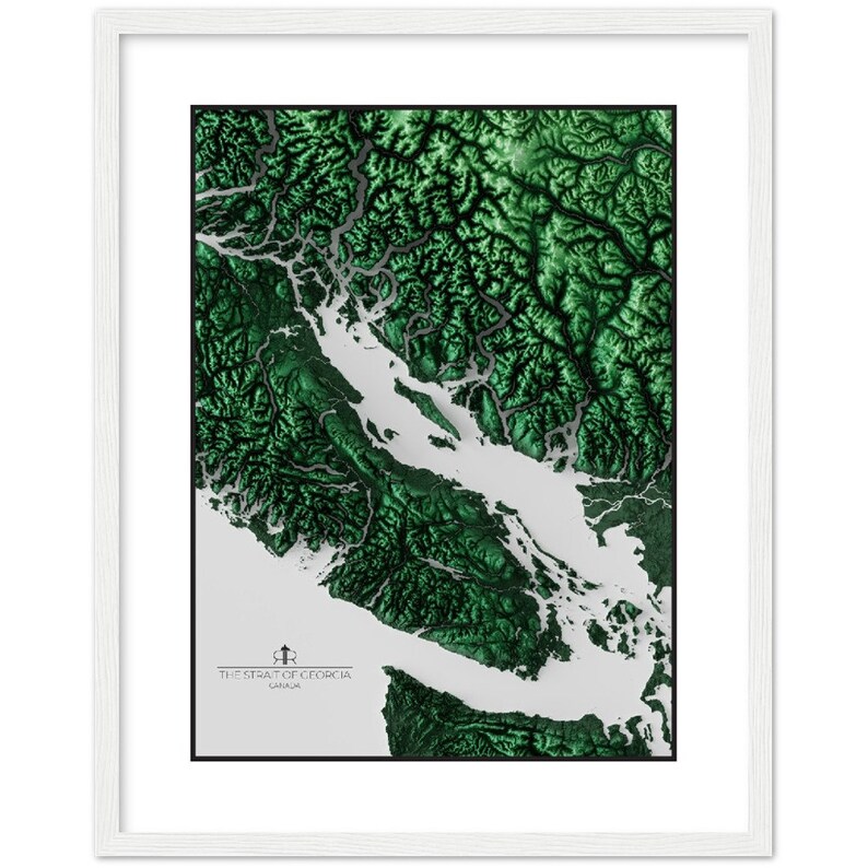 Framed Shaded Relief Map of the Strait of Georgia Green - Etsy