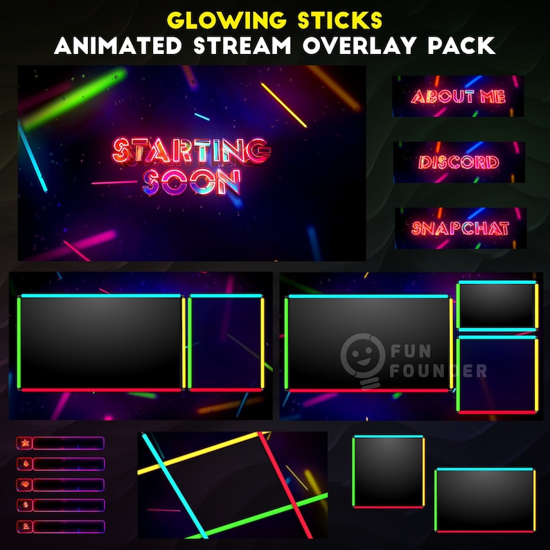 Twitch Overlay Package | Glowing Sticks Animated Stream Overlay Pack ...