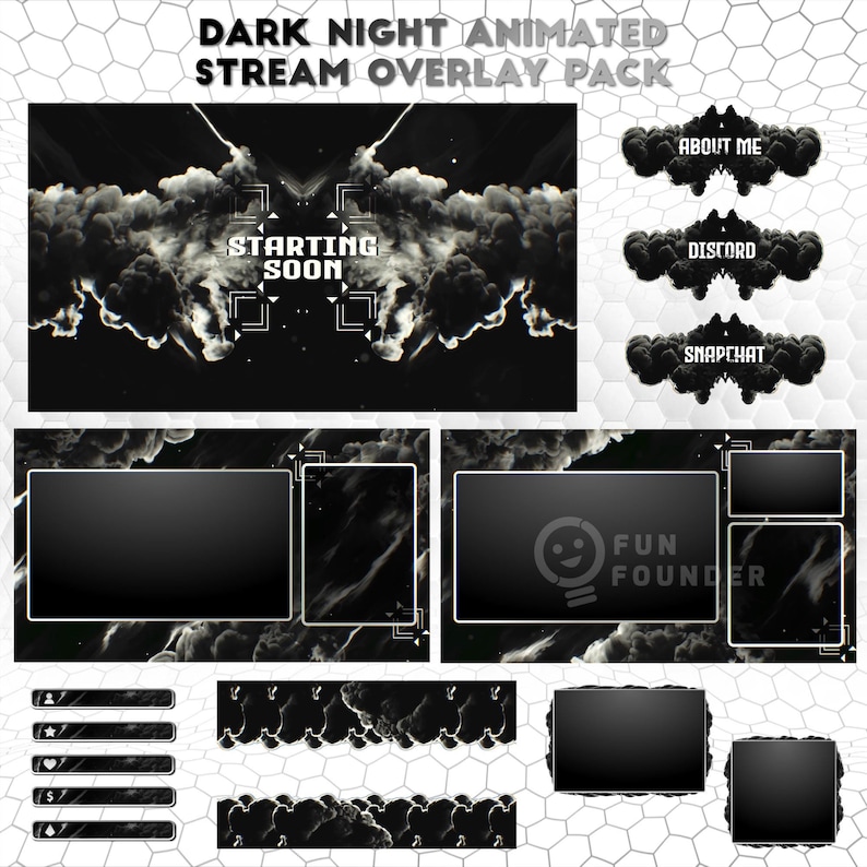 Dark Night Animated Stream Overlay Pack | Black & White Twitch Overlay ...