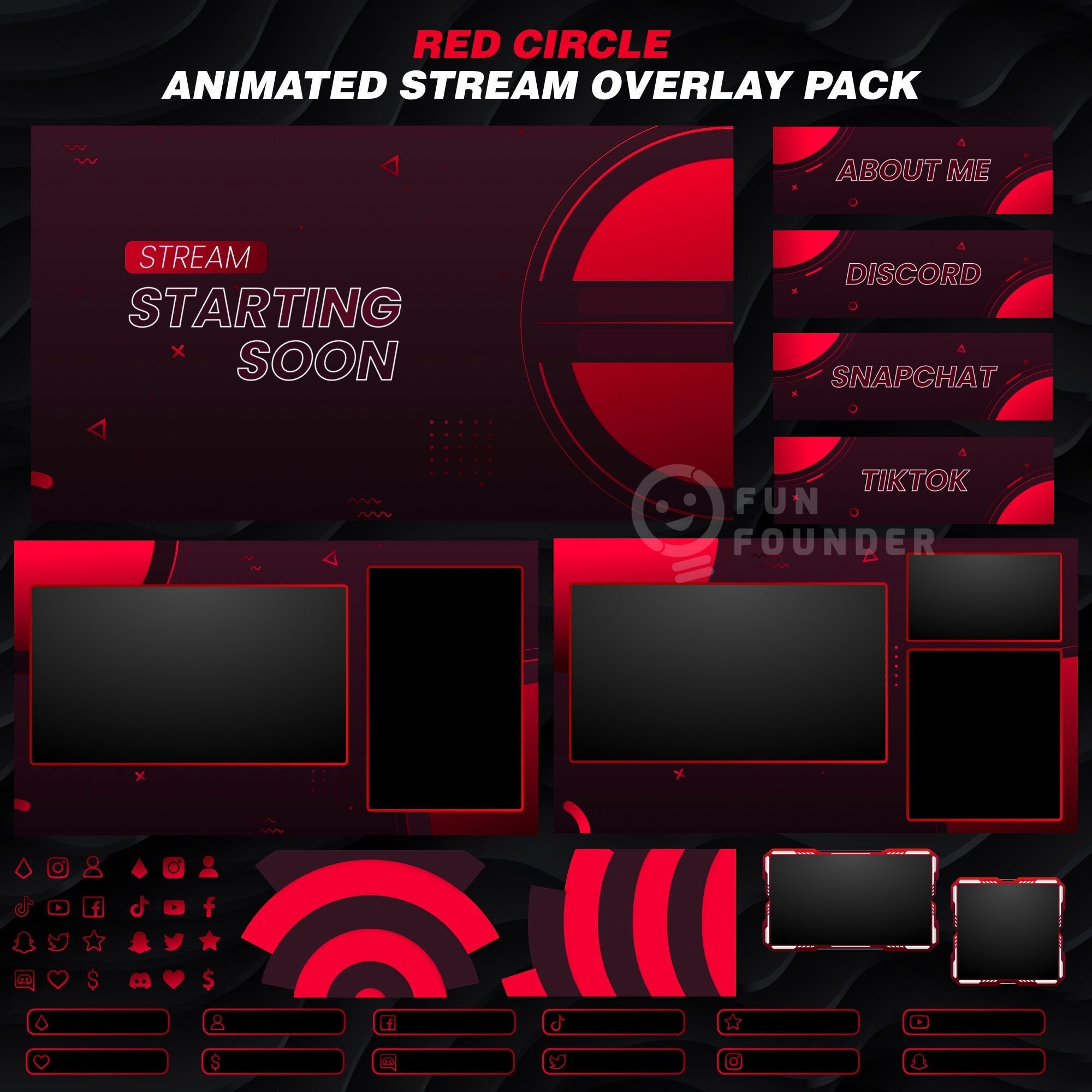 Red Circle Animated Stream Overlay Pack Twitch Overlay Package Animated ...