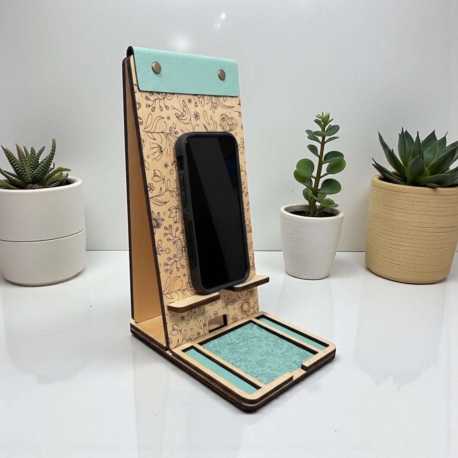Personalized Wooden Phone Stand Docking Station – Engraved With Florals ...