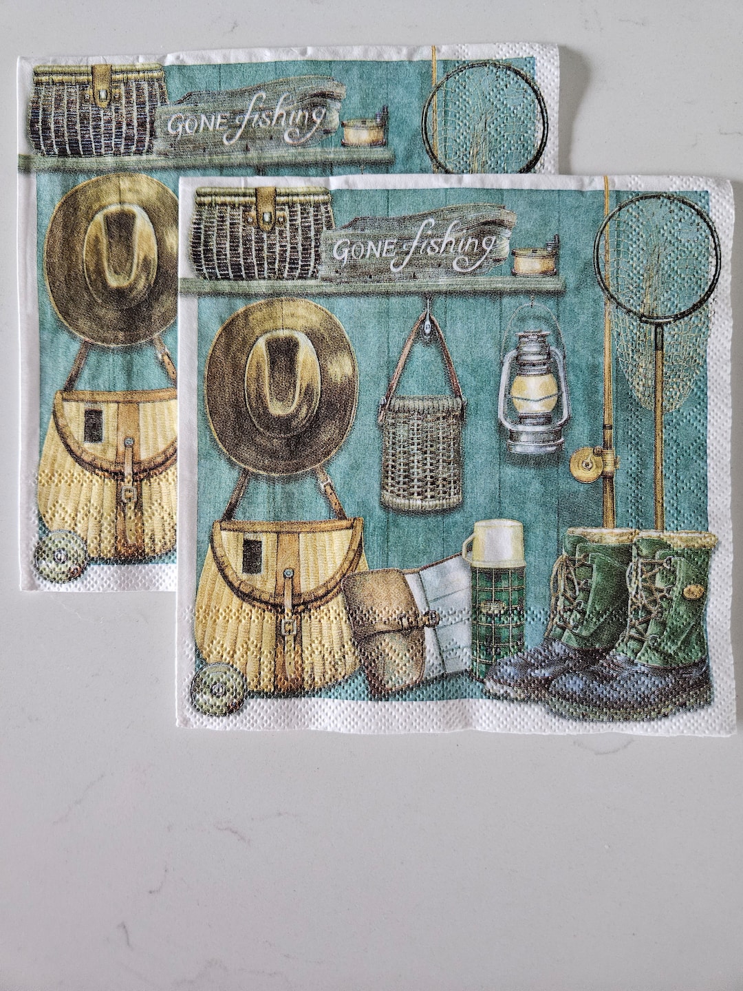 Gone Fishing DECOUPAGE Napkin - Set of 2 Individual Napkins - COCKTAIL ...
