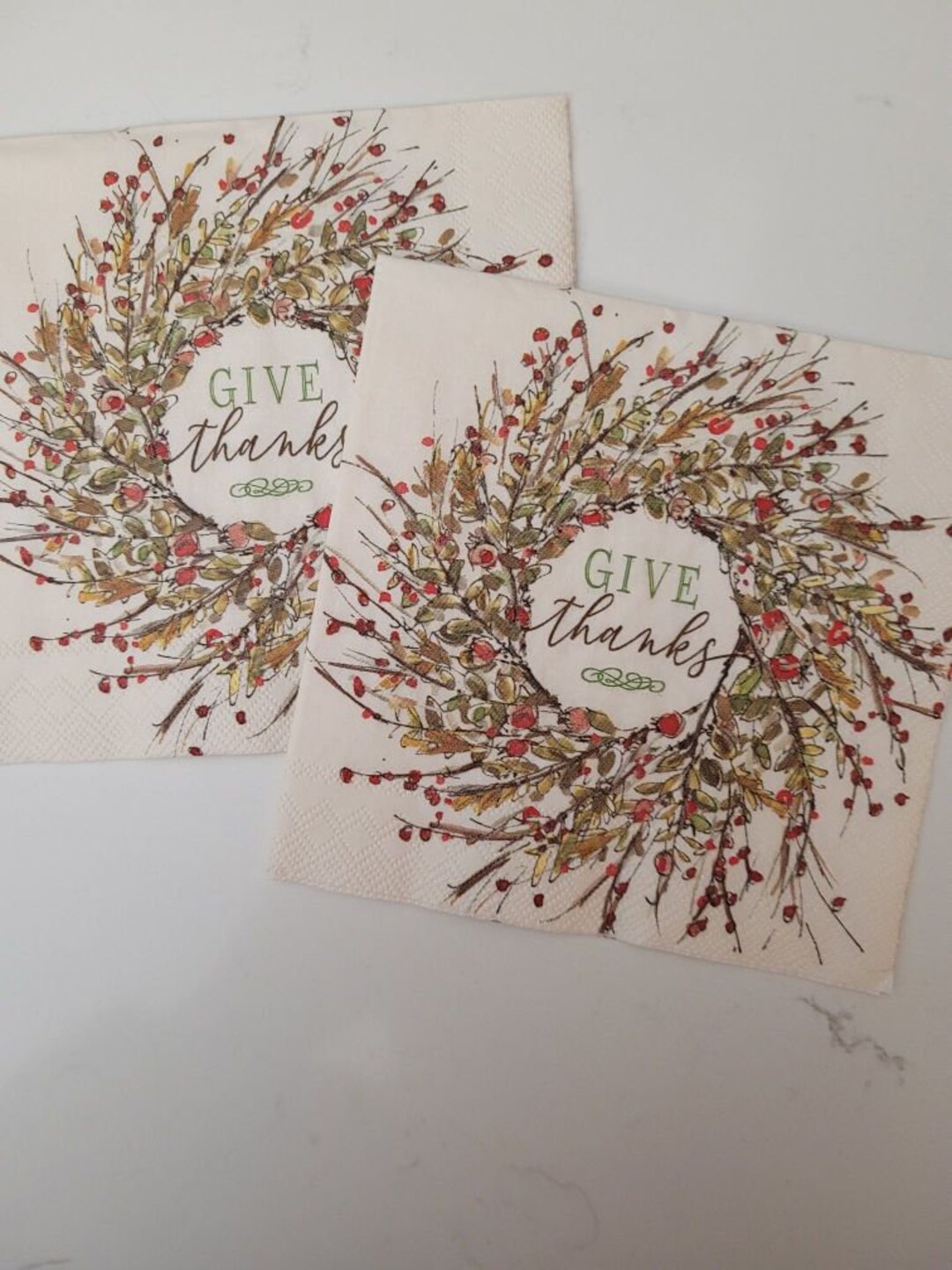 Give Thanks Wreath DECOUPAGE COCKTAIL Size Napkin - Set of 2 INDIVIDUAL ...